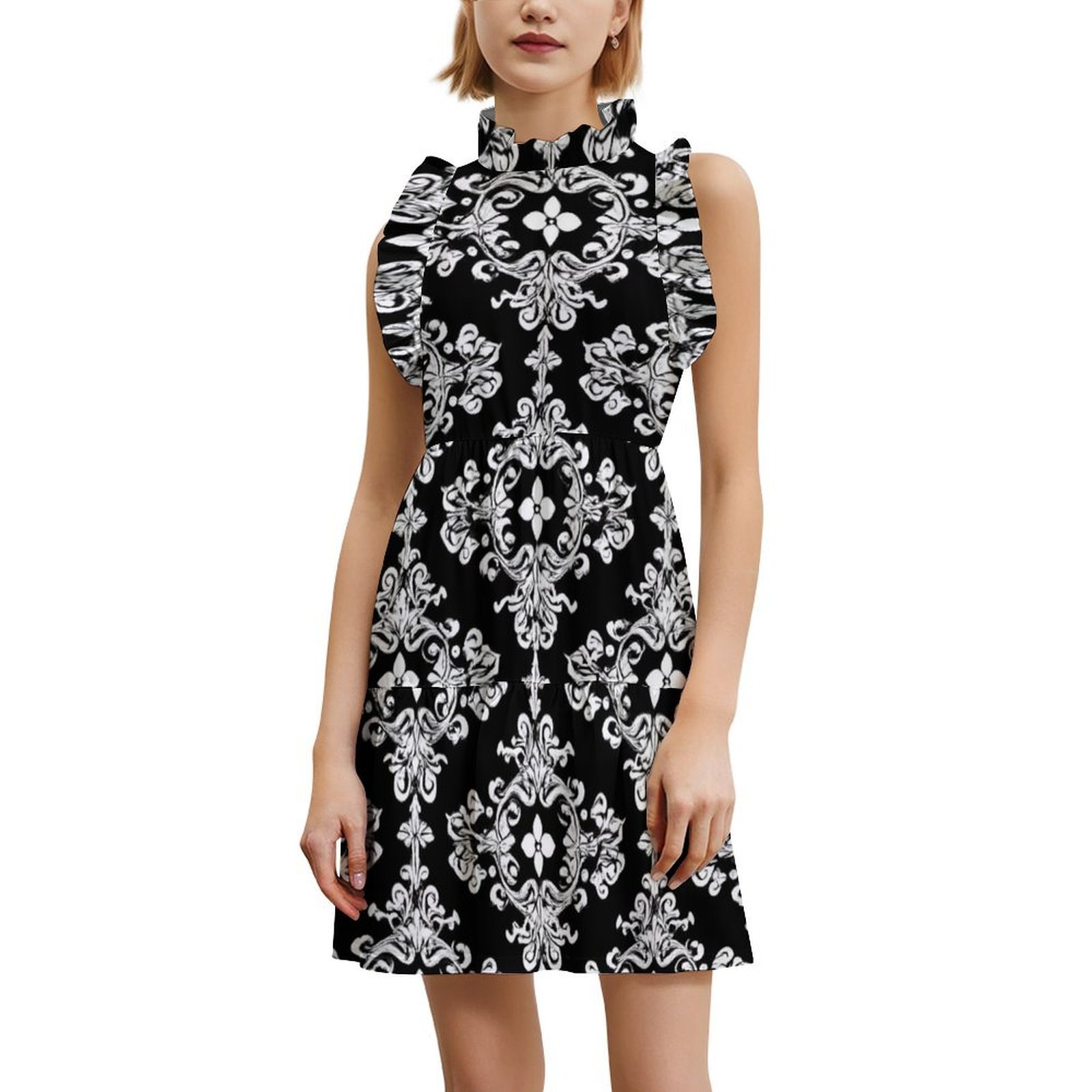 Black White Floral Pattern Design Women's Fashion Casual Dress Summer ...