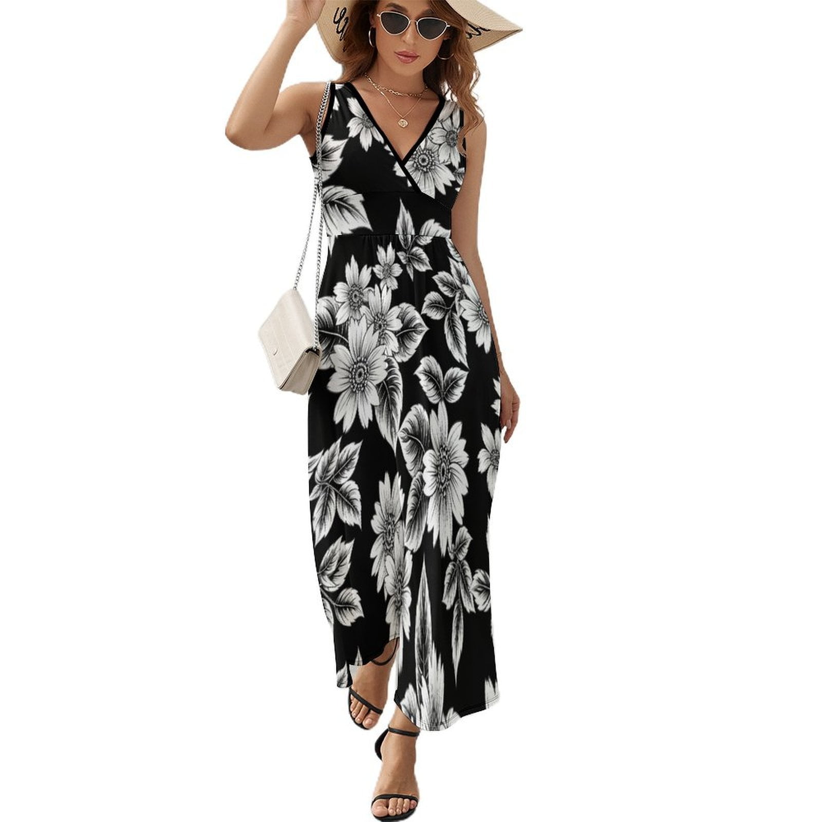 Black White Floral Pattern Dress Fashion Boho Beach Long Dresses Female ...