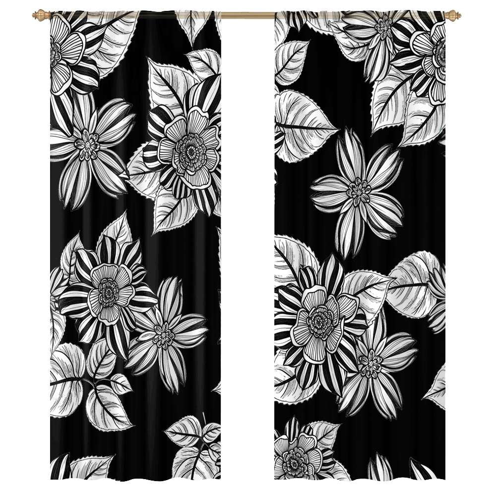 Black White Floral Pattern Sheer Window Curtains for Living Room ...
