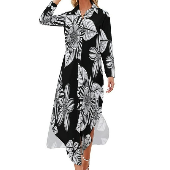 Black White Floral Pattern Shirt Dress Long Sleeve Street Fashion V ...