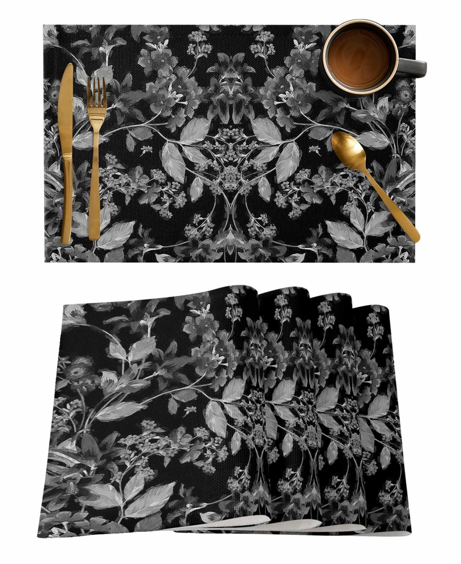 Black and White Floral Placemats Set of 6, Modern Oil Painting Abstract ...
