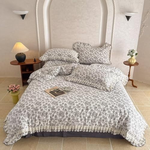 Black White Floral Print Duvet Cover Set Queen Size, Chic Lace Ruffled ...