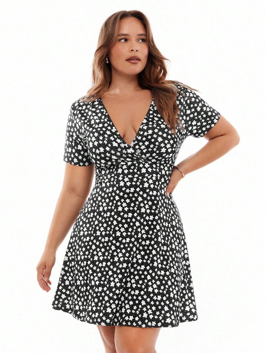 Black White Floral Print V-Neck Wrap A-Line Casual Dress For Women ...