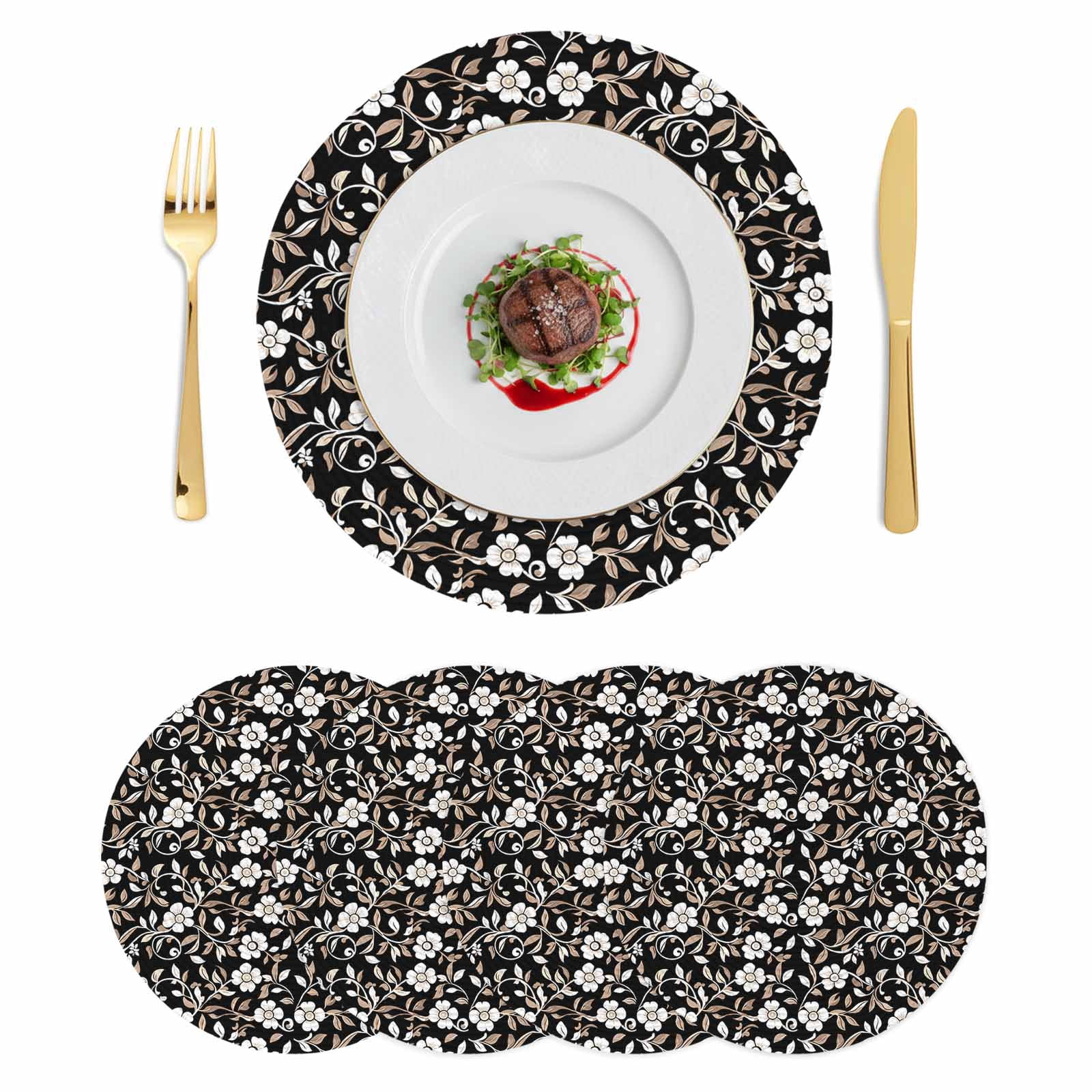 Black White Floral Round Placemats Set of 4, Braided Polypropylene ...