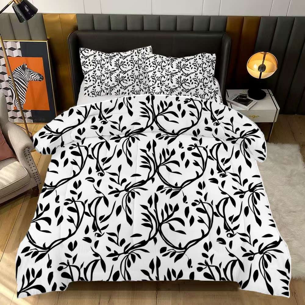 Black White Floral Seamless Pattern Comforter Set Full Size Bedding Set ...