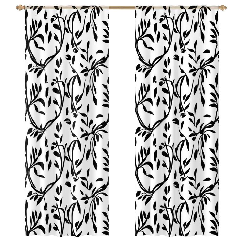 Black White Floral Seamless Pattern Sheer Window Curtains for Living ...
