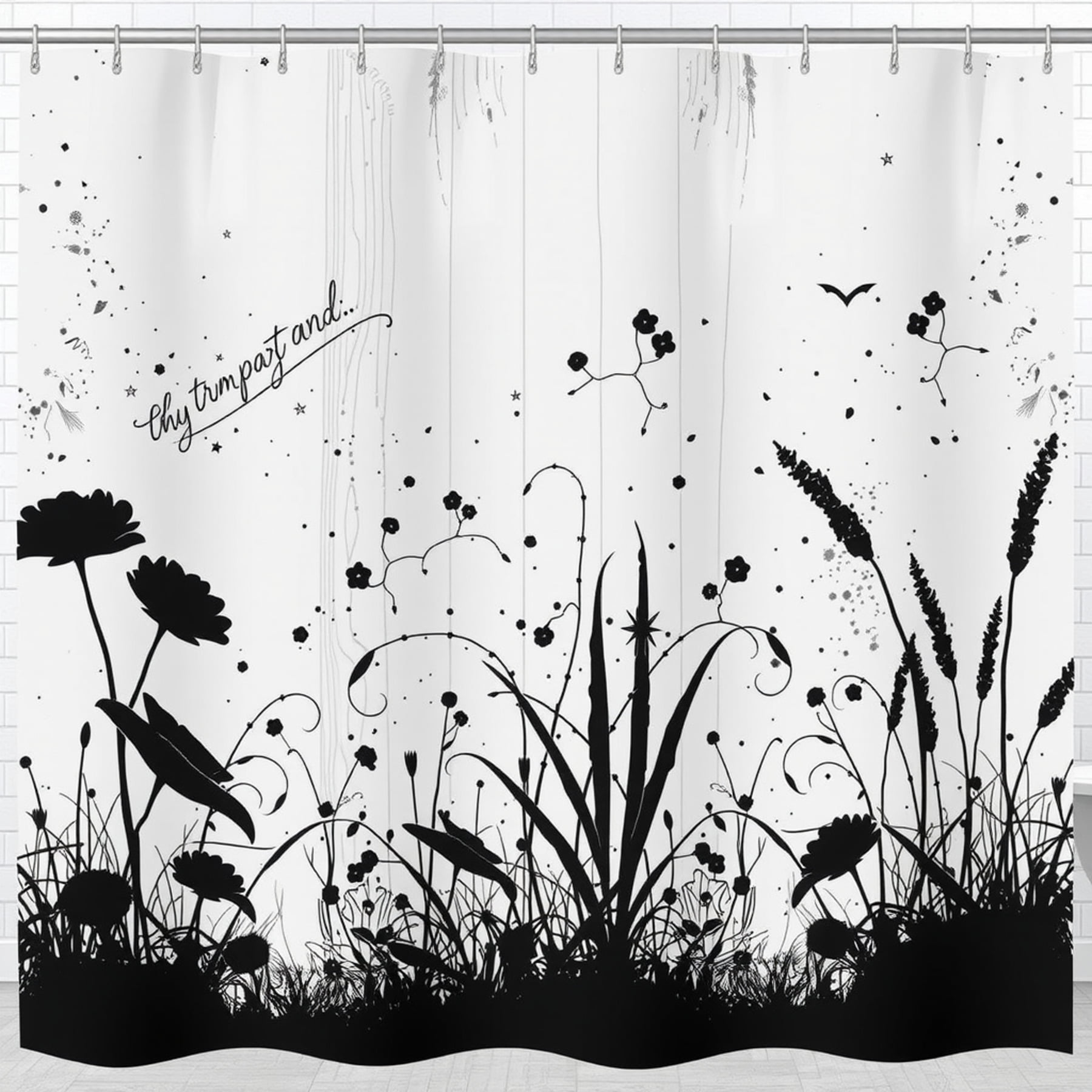 Black & White Floral Shower Curtain with Script Quote on White Wood ...