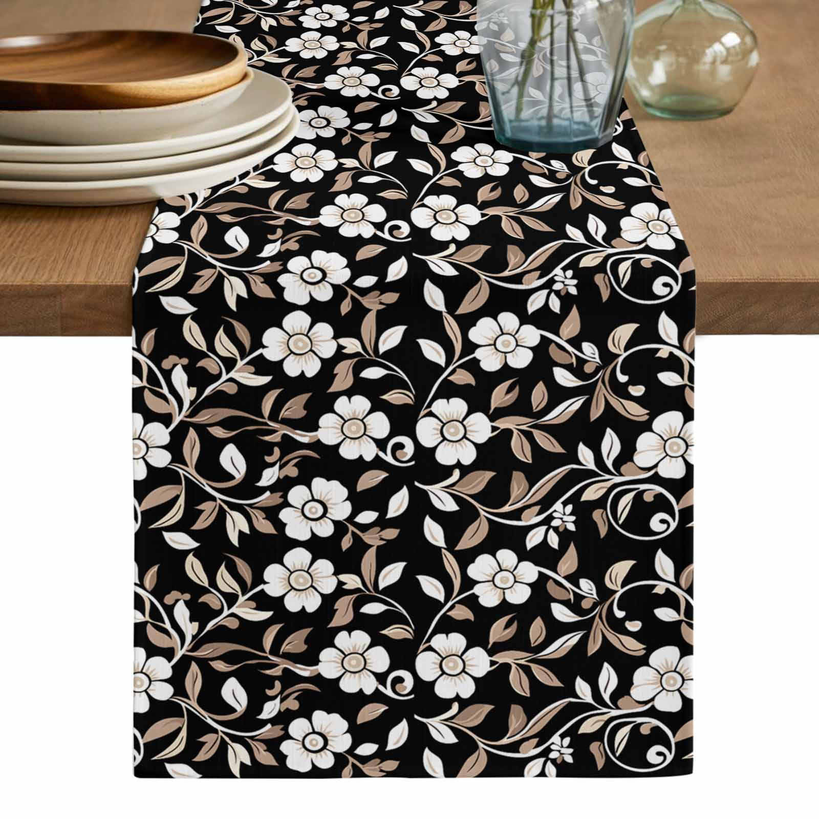 Black White Floral Table Runner, Farmhouse Vintage Botanical Leaves ...