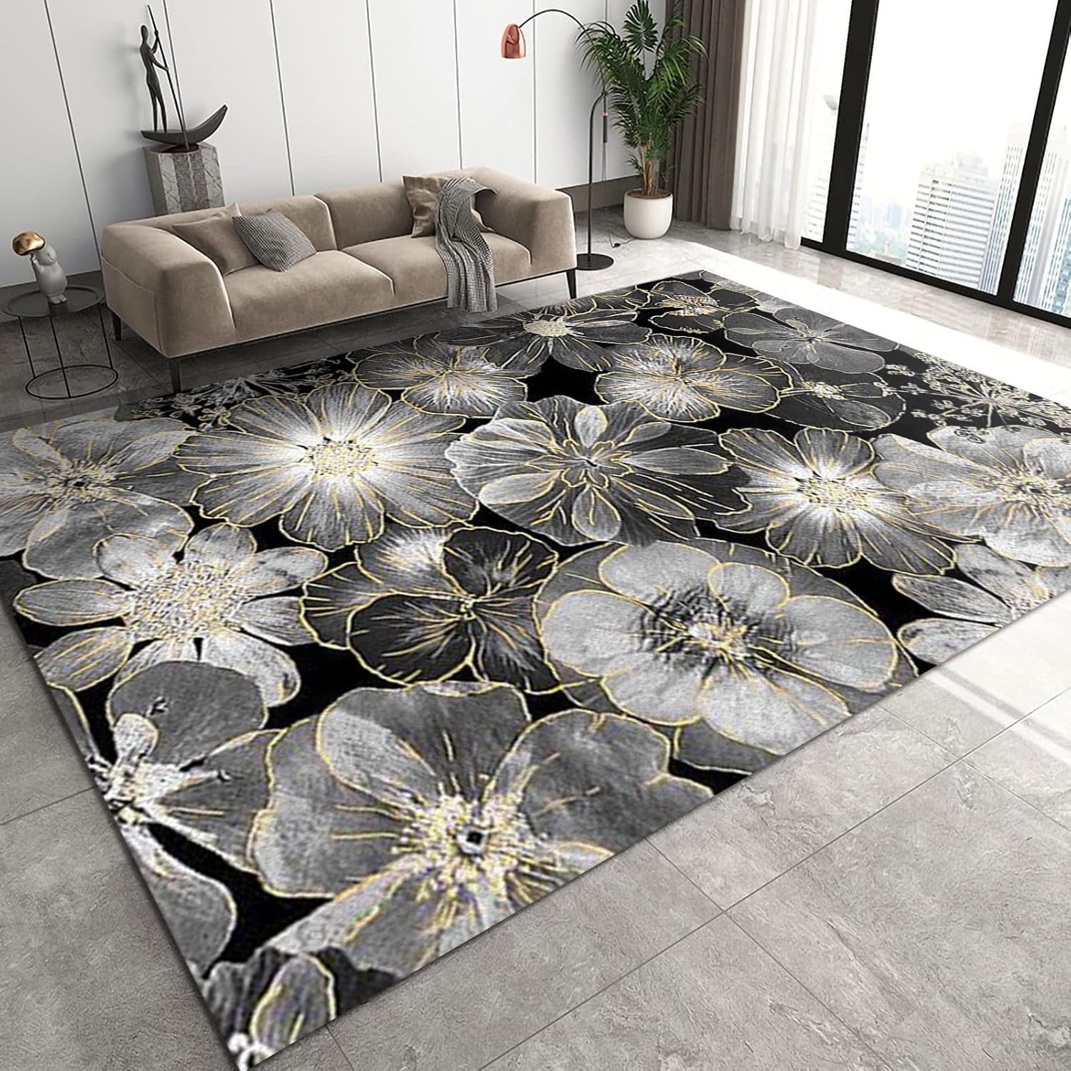 Black and White Flower Area Rugs, 3D Living Room Carpet, Rugs for ...
