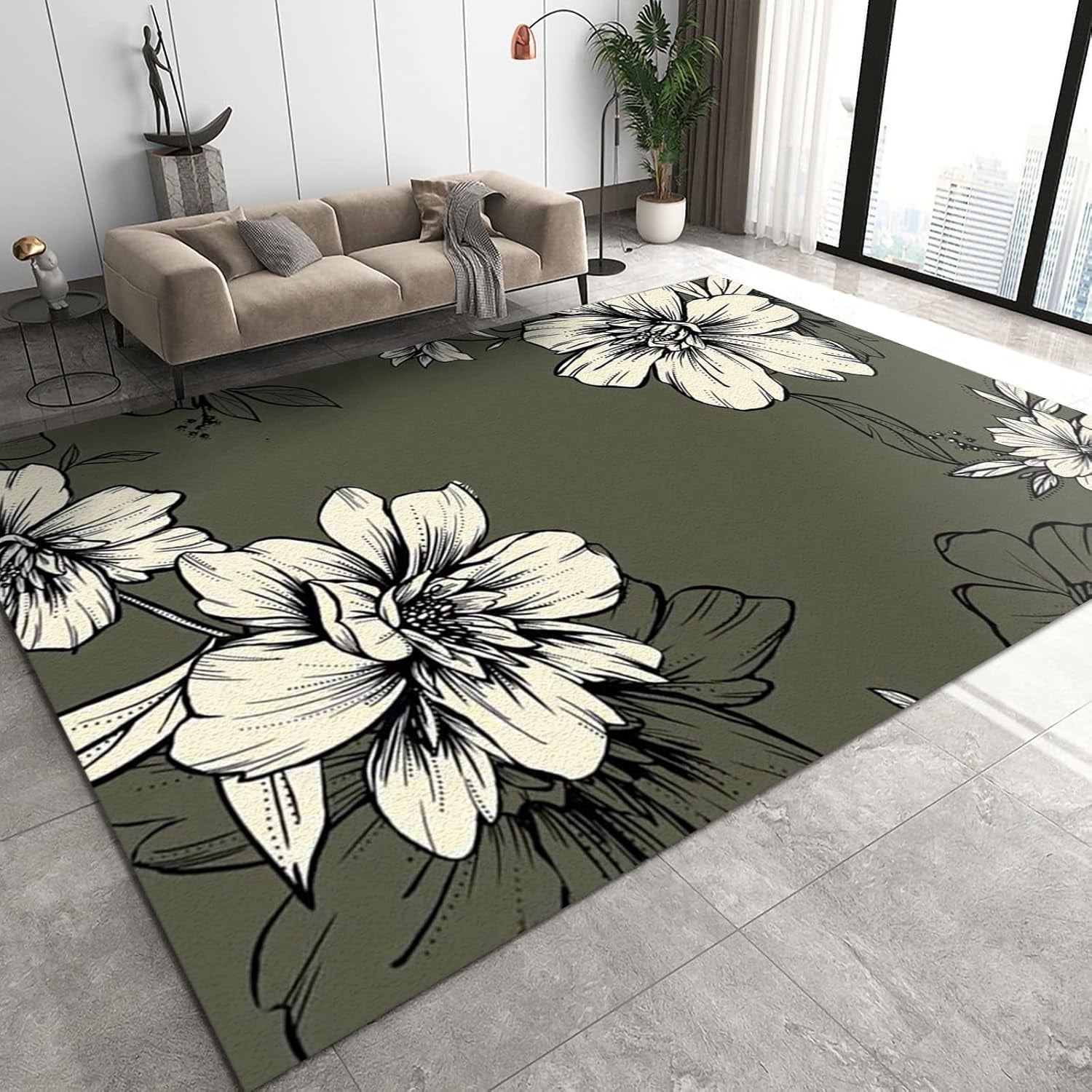 Black And White Flower Area Rugs, Vintage Plant Carpet, Large Area Rug ...