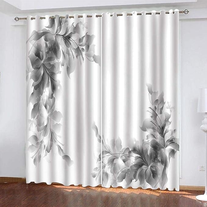 Black and White Flower Pattern Print Blackout Curtains, Gray Ink ...