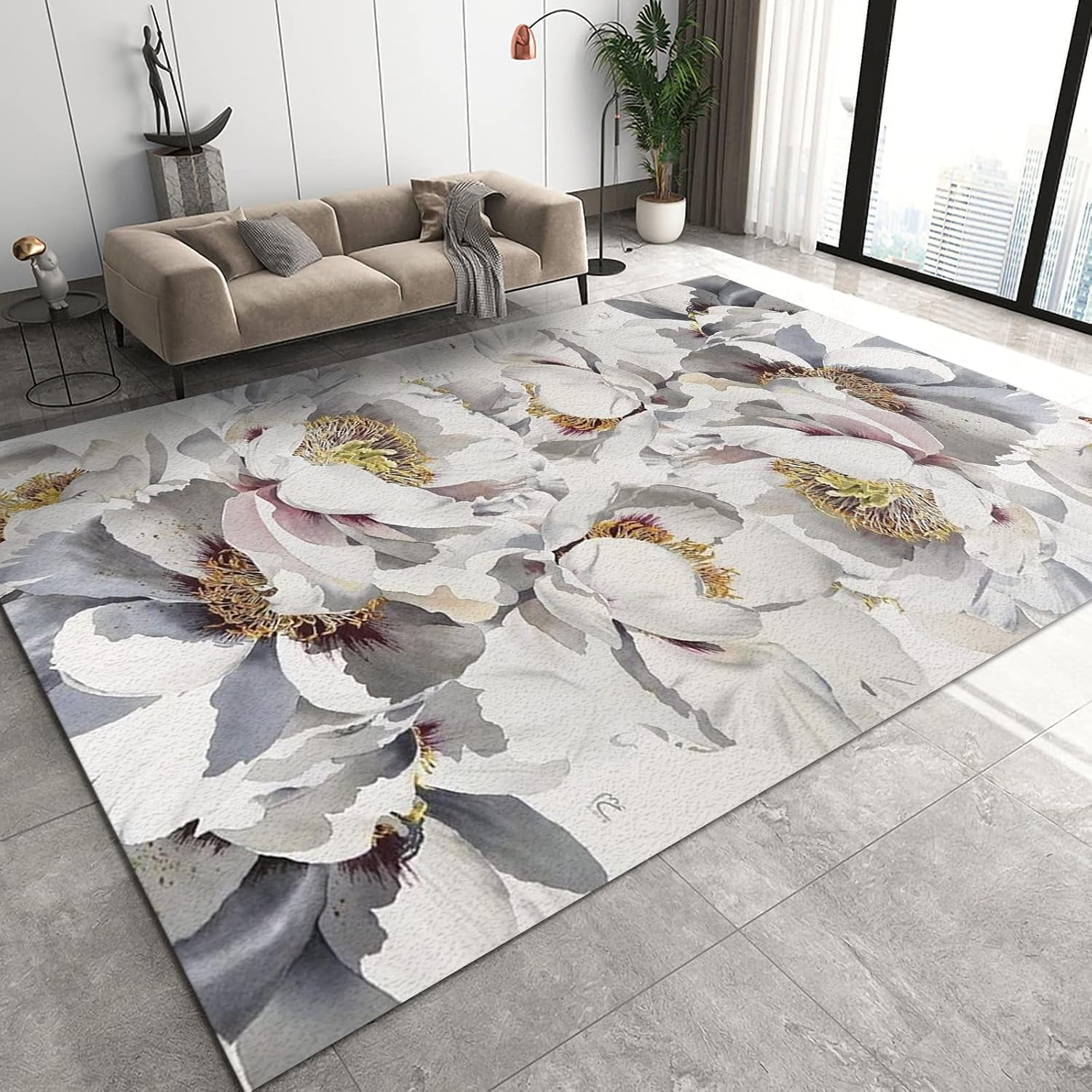 Black and White Flower Rug, Modern Non-Slip Carpet, Rugs for Living ...