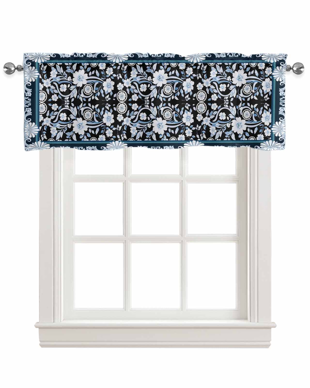 Black White Flowers Kitchen Valances for Windows Farmhouse Linen Window ...