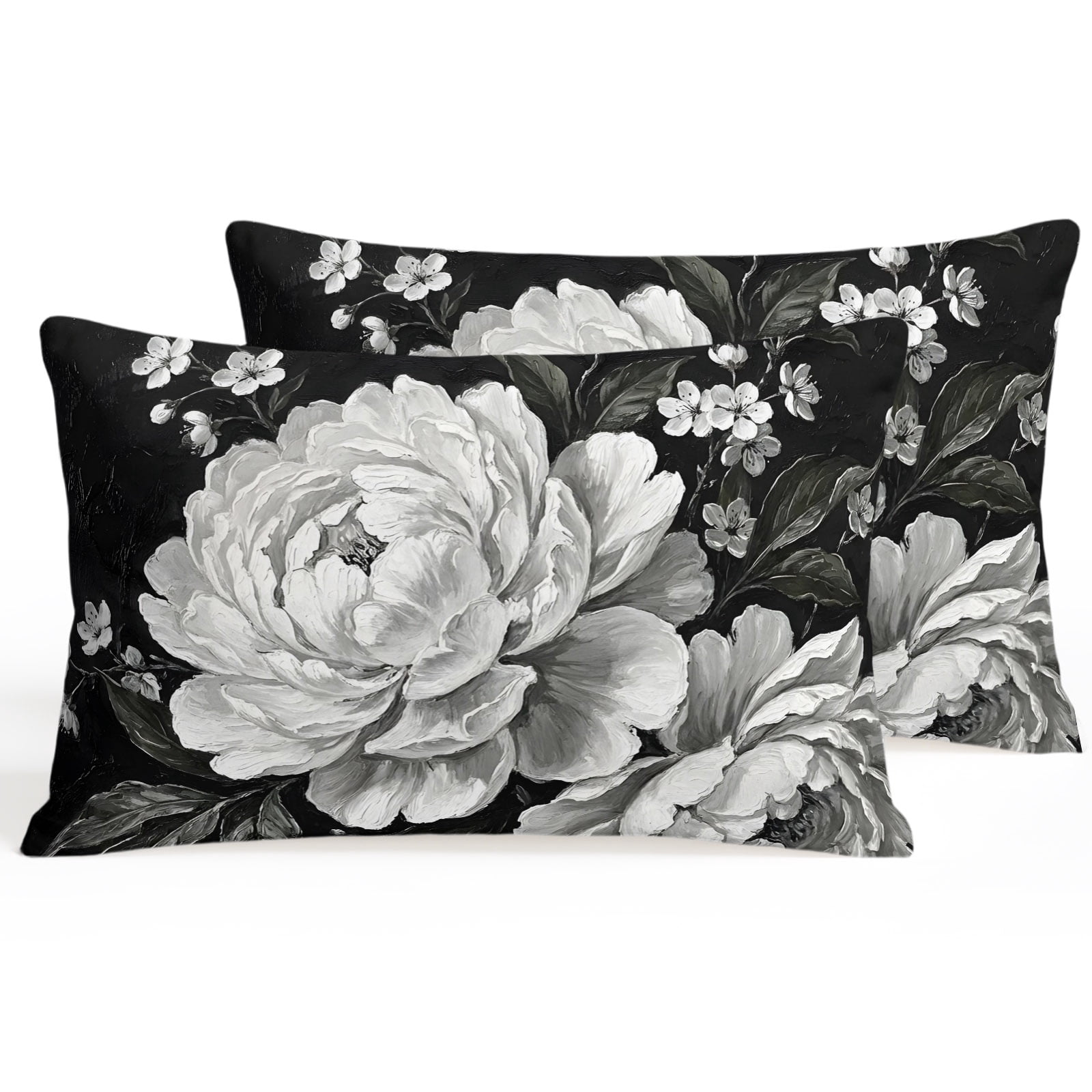 Black White Flowers Lumbar Pillow Covers 12 x 20 Inch Pillow Covers Set ...