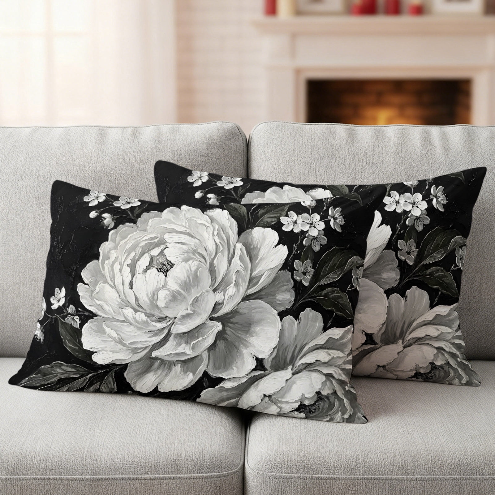Black White Flowers Outdoor Waterproof Throw Pillow Covers 20x12 Set of ...