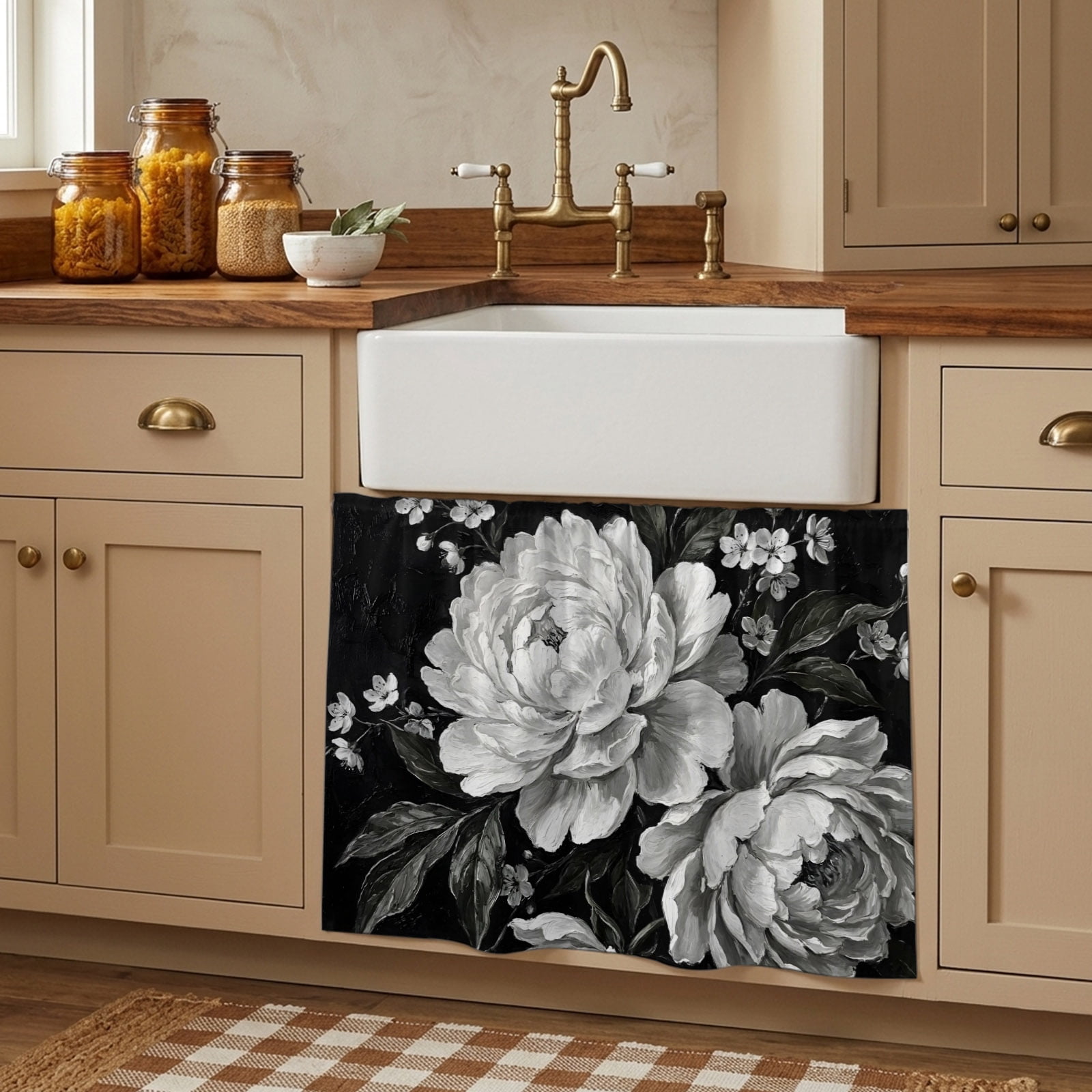 Black White Flowers Small Cabinet Curtains 11"W x 13"L, Summer ...