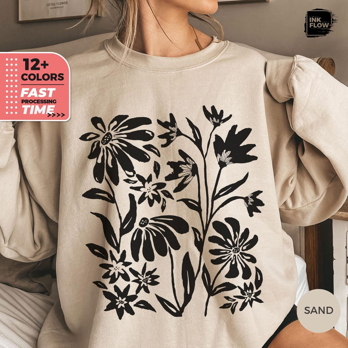 Black & White Flowers Sweatshirt, Floral Nature Sweater, Front Design ...