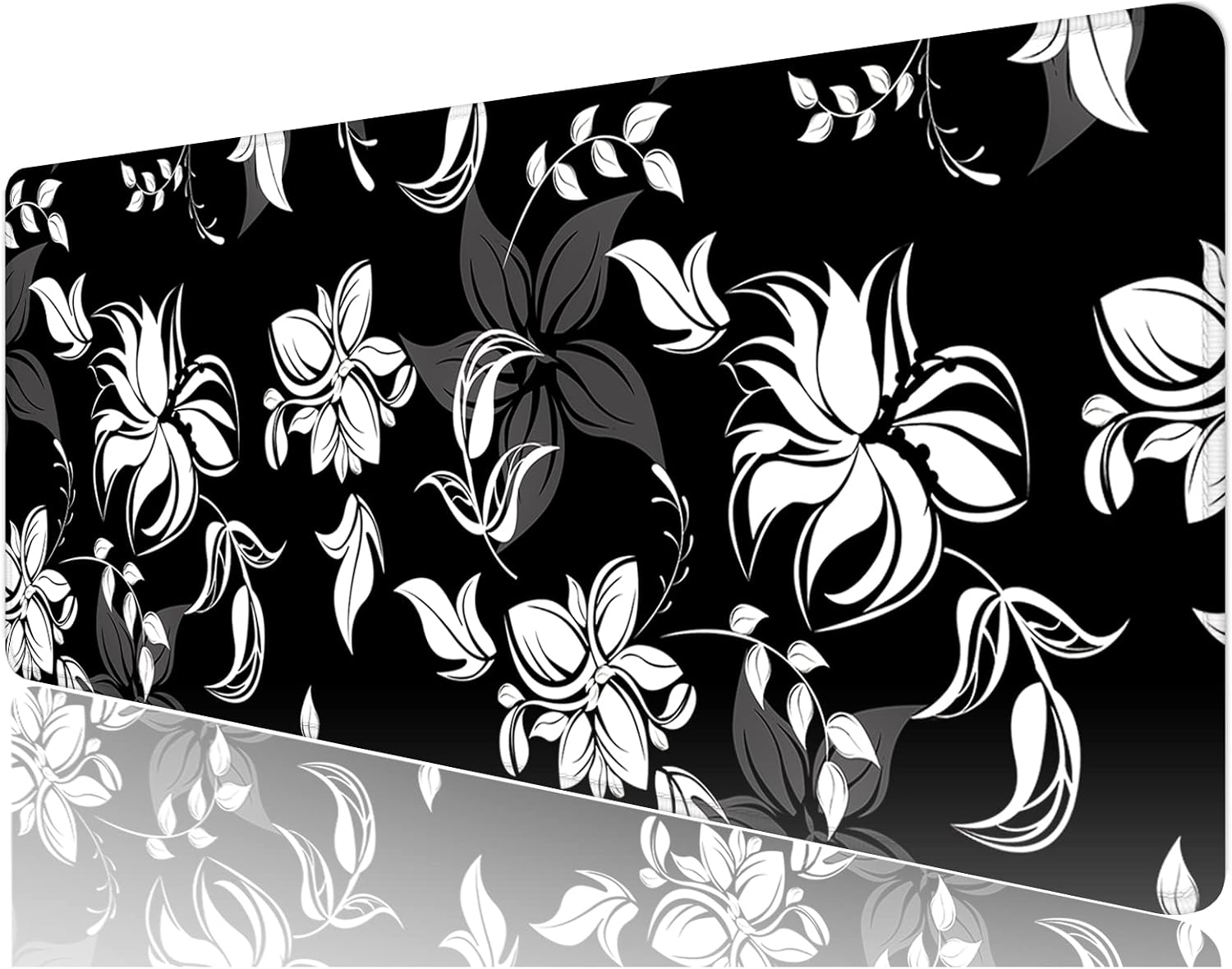Black White Flowers XXL Desk Mat - 32"x12" Extended Large Gaming Mouse ...