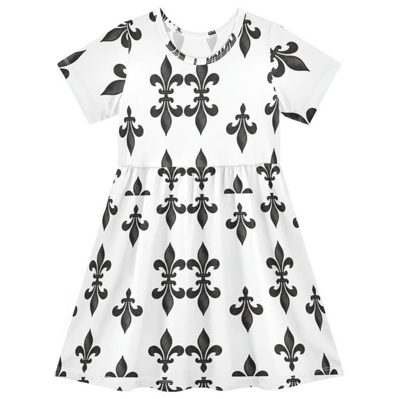 Black White Flroal Fleur-de-lis Retro Short Sleeve Dress A-Line Cute ...