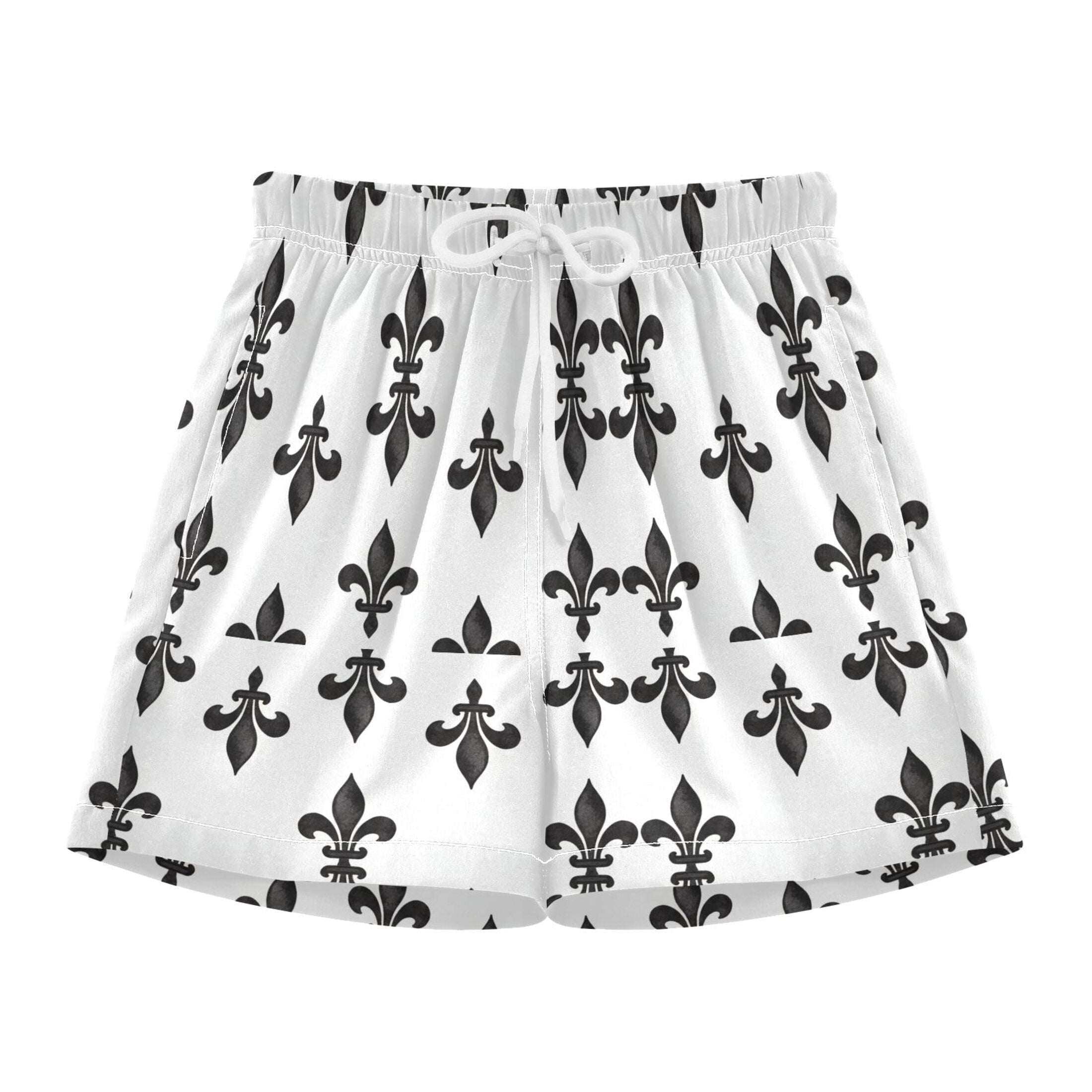 Black White Flroal Fleur-de-lis Retro Swim Trunks Quick Drying Swim ...
