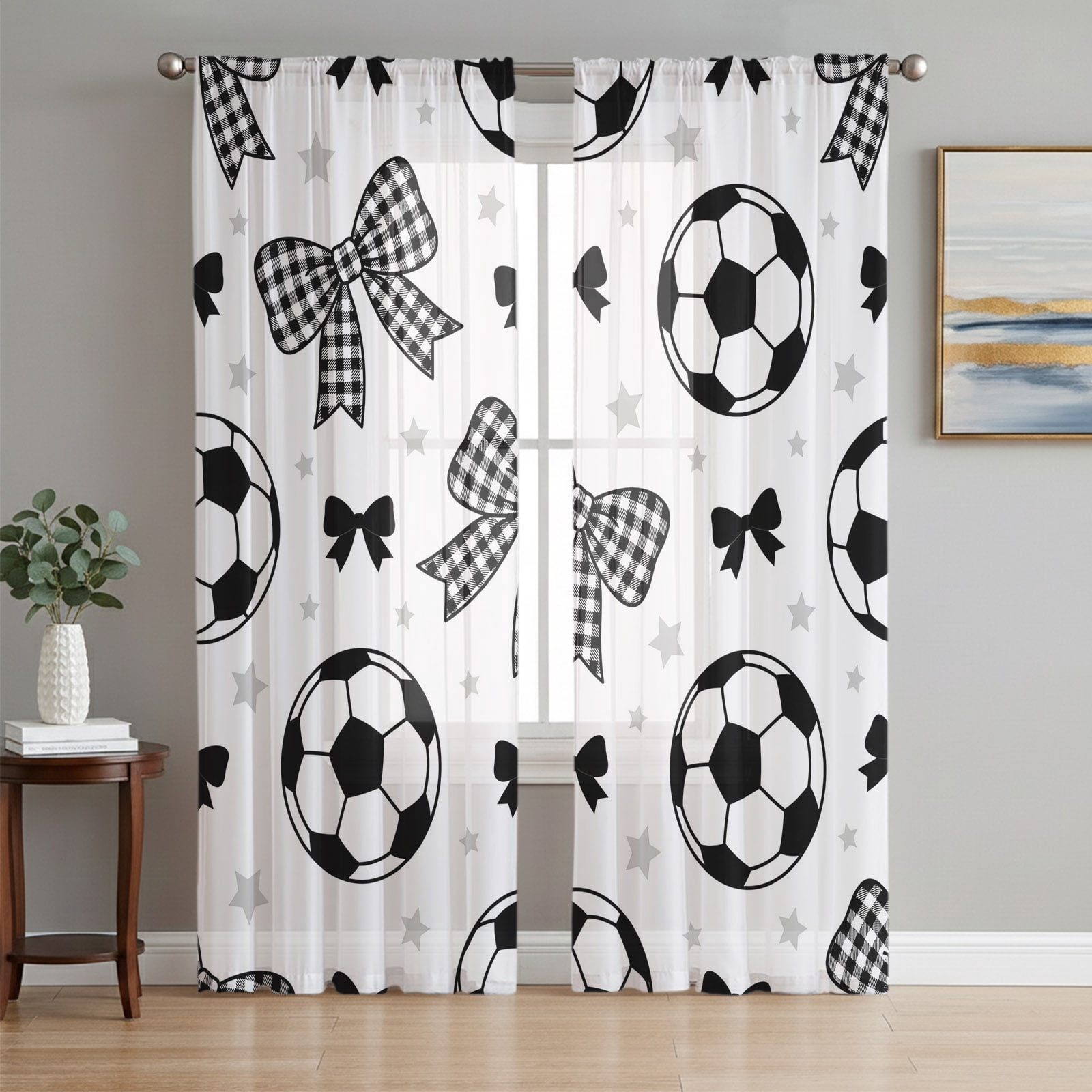 Black White Football Bowknot Sheer Curtains 72 Inch Length 2 Panels Set ...