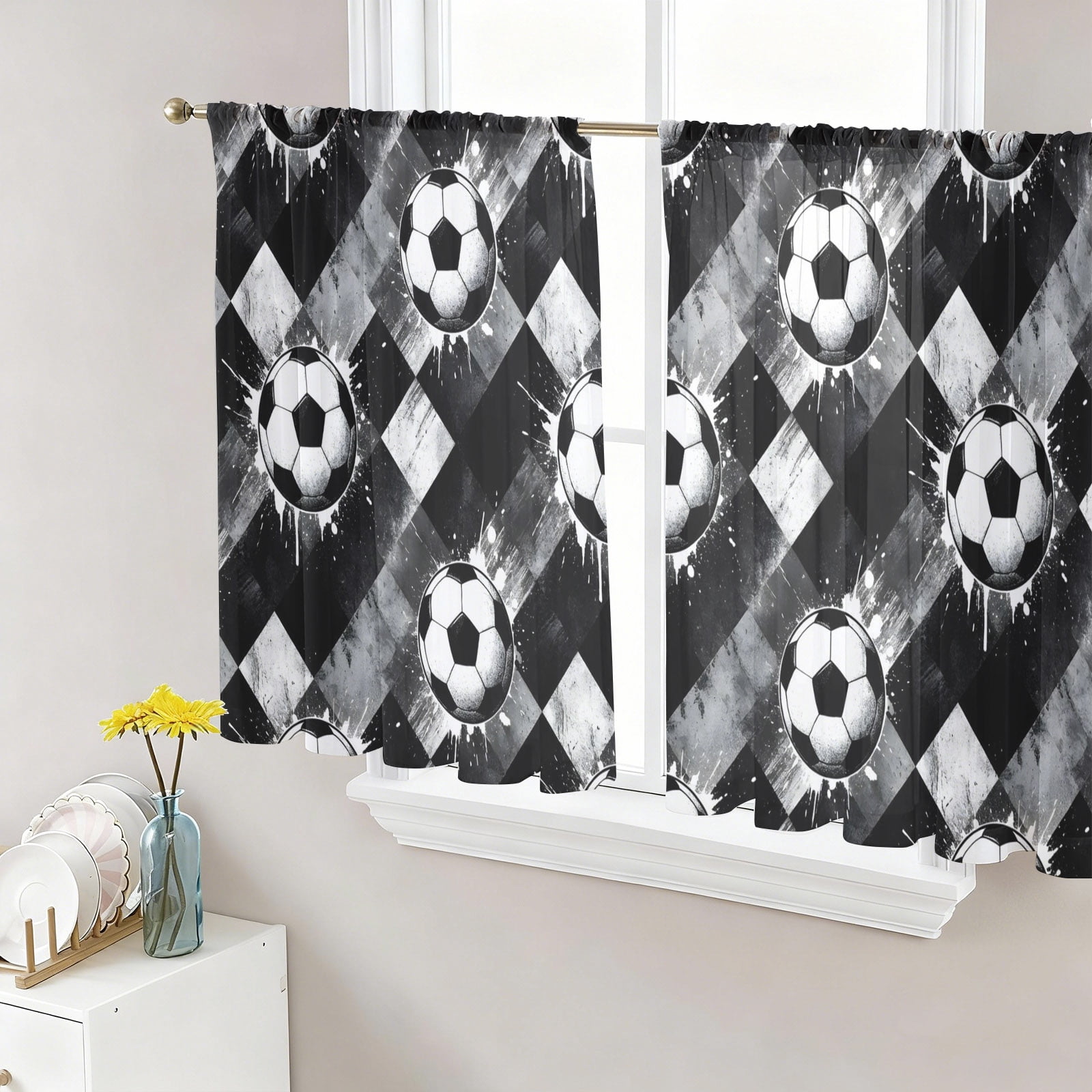 Black White Football Sheer Curtains for Living Room Bedroom Modern ...