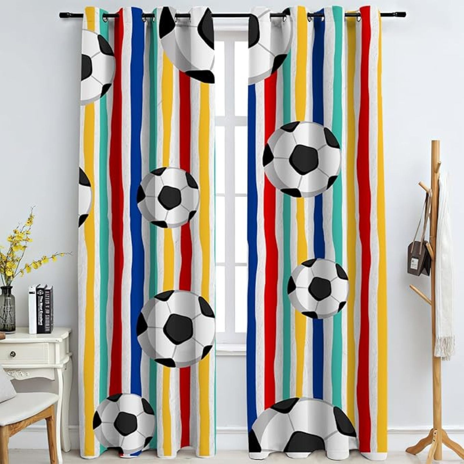 Black And White Football Window Curtains, Red Yellow And Blue Geometric ...