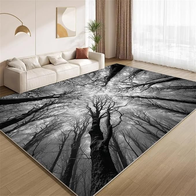 Black and White Forest Area Rug 3D Tree Canopy Rugs Non Slip Low Pile ...