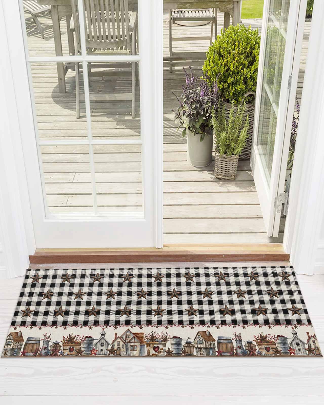 Black White Front Door Mat Buffalo Plaid Country Star Barn Barrel ...