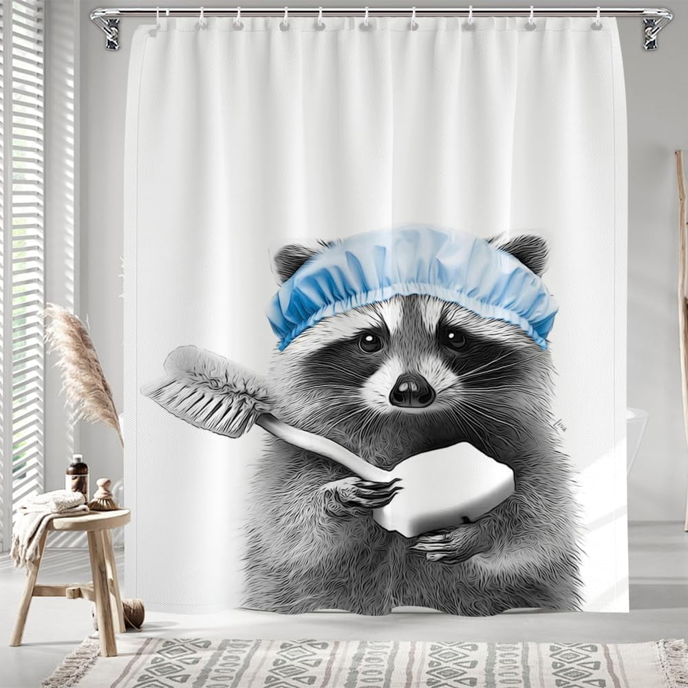Black and White Funny Animal Shower Curtains Fun Washing Raccoon with ...