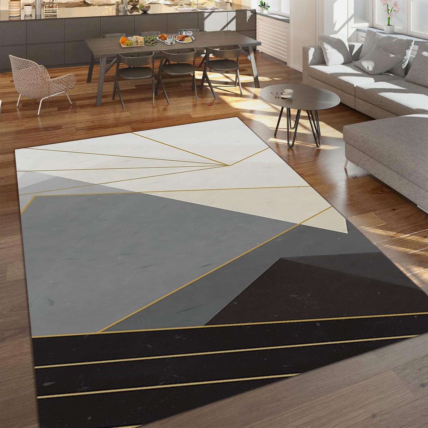 Black And White Geometric Art Rug, Golden Line Marble Carpet, Porch Mat ...
