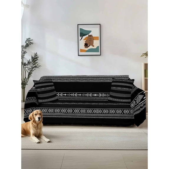 Black White Geometric Couch Cover for 2 Cushion Sofa, Modern Striped ...