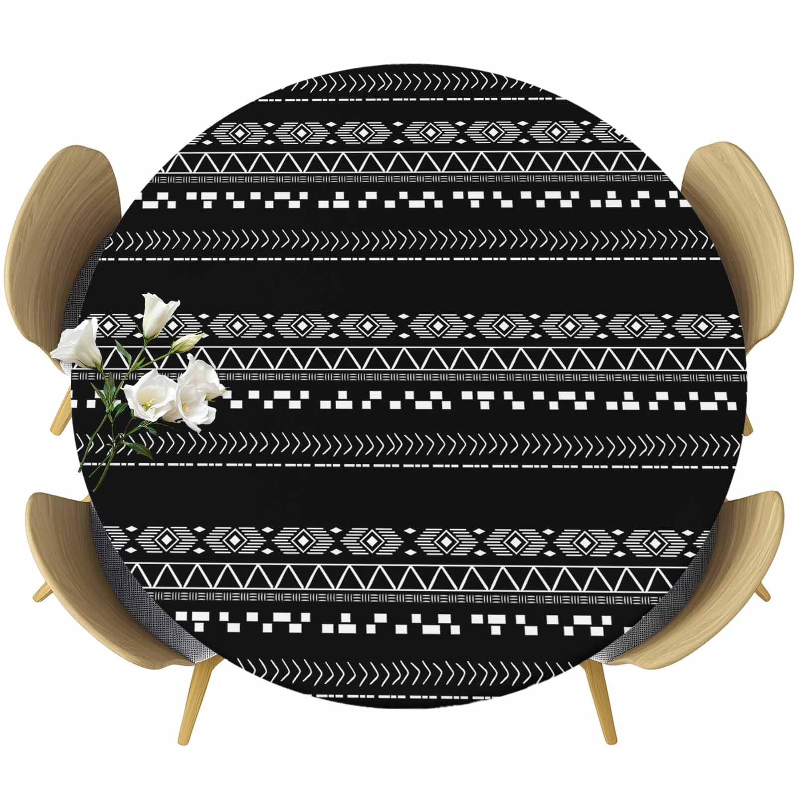 Black and White Geometric Fitted Tablecloth with Elastic Edged, Round ...