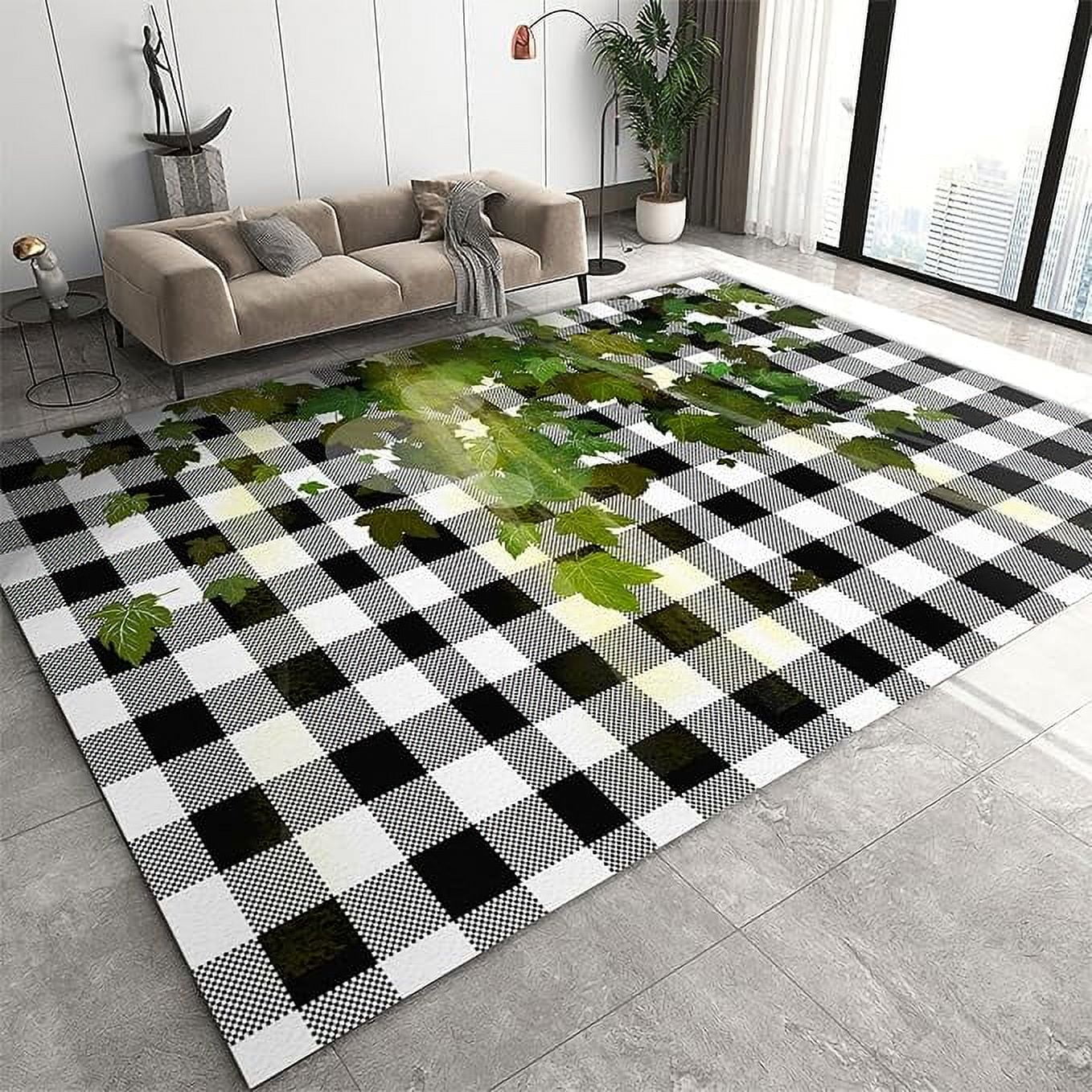 Black White Geometric Grid Area Rug, Green Vines Leaves Area Rugs For ...