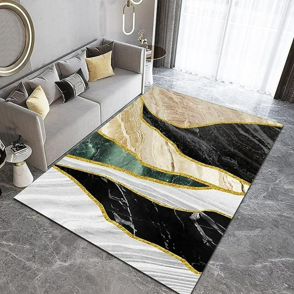 Black And White Geometric Marble Texture Area Rugs, Green Gold ...