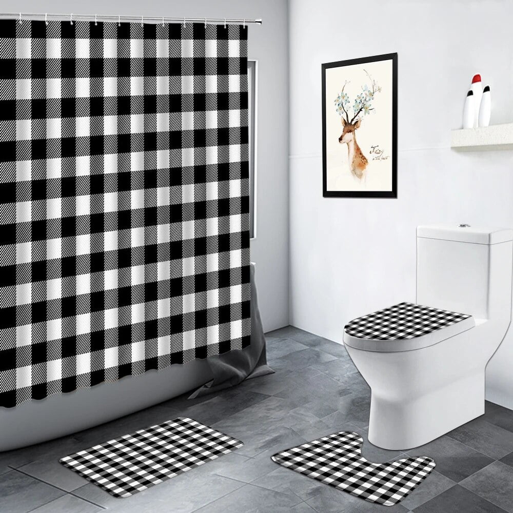 Black White Geometric Pattern Shower Curtains Creative Red Personality Bathroom Decor Non-slip ...
