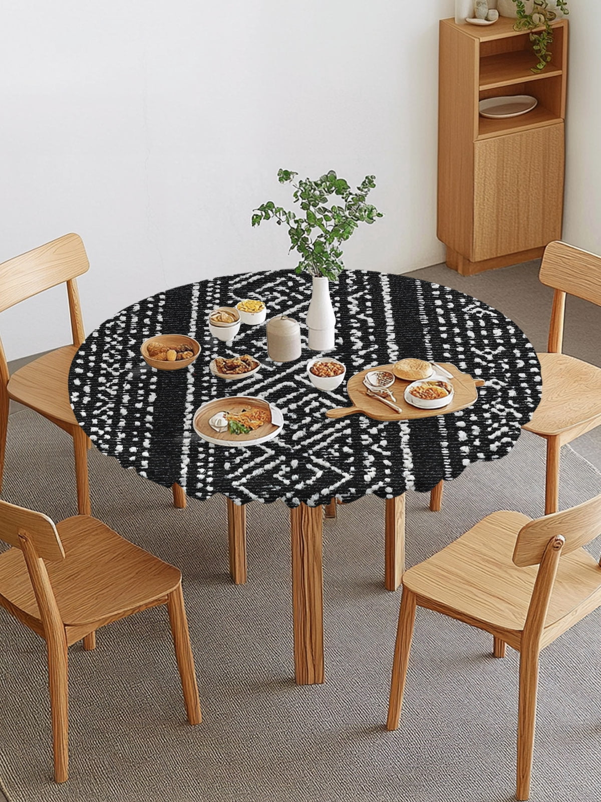 Black and White Geometric Round Fitted Tablecloth with Elastic Edge ...