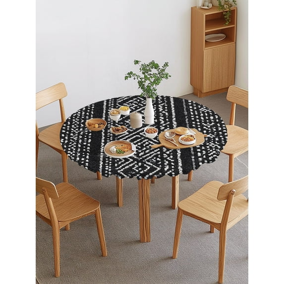 Black and White Geometric Round Fitted Tablecloth with Elastic Edge ...