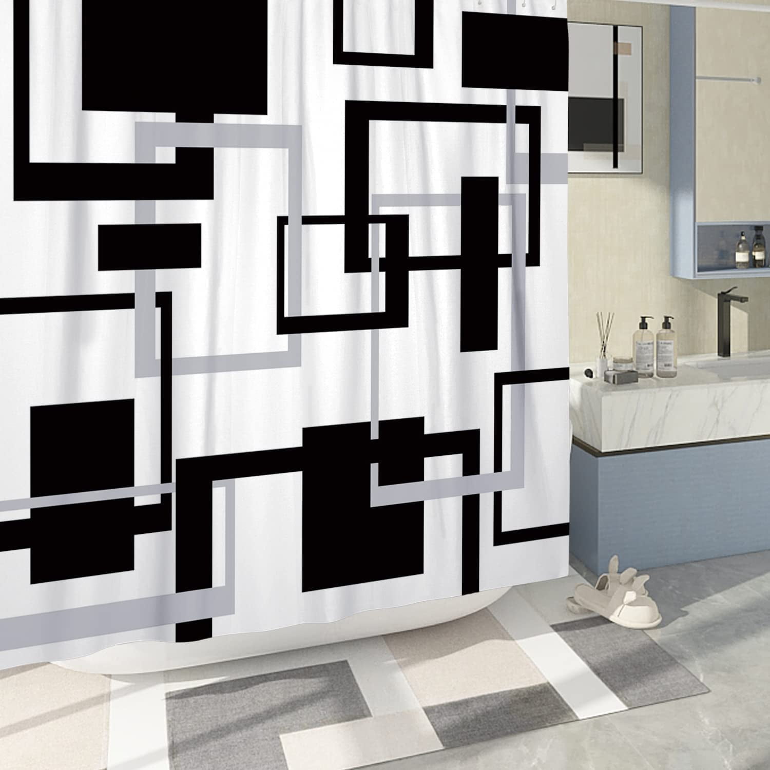 Black White Geometric Shower Curtain Set Neutral Abstract Shower
