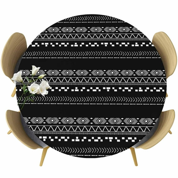 Black and White Geometric Table Cloth, Round Fitted Tablecloths with ...