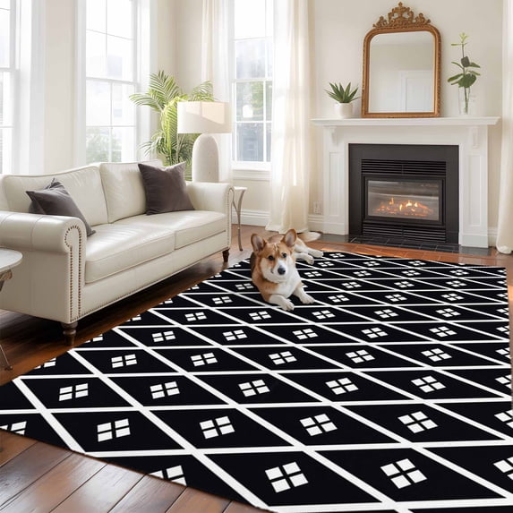 Black and White Geometric Washable Area Rug 8x10 Minimalist Argyle ...