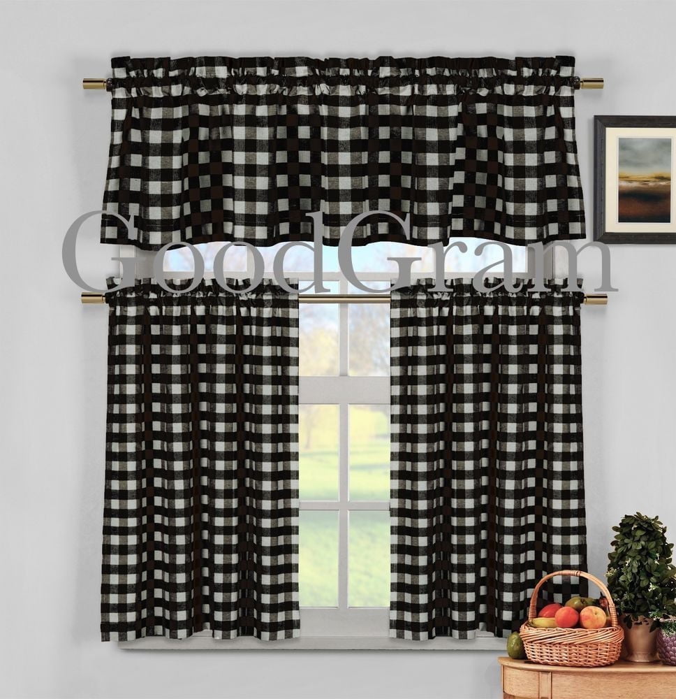 GoodGram Black & White Gingham Checkered 3 Piece Valance and Tier ...