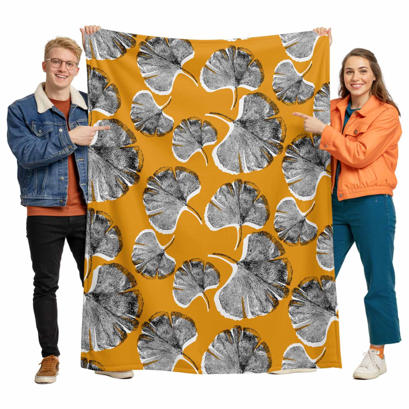 Black White Ginkgo Leaves Flannel Blanket for Bed,Travel and Camping ...
