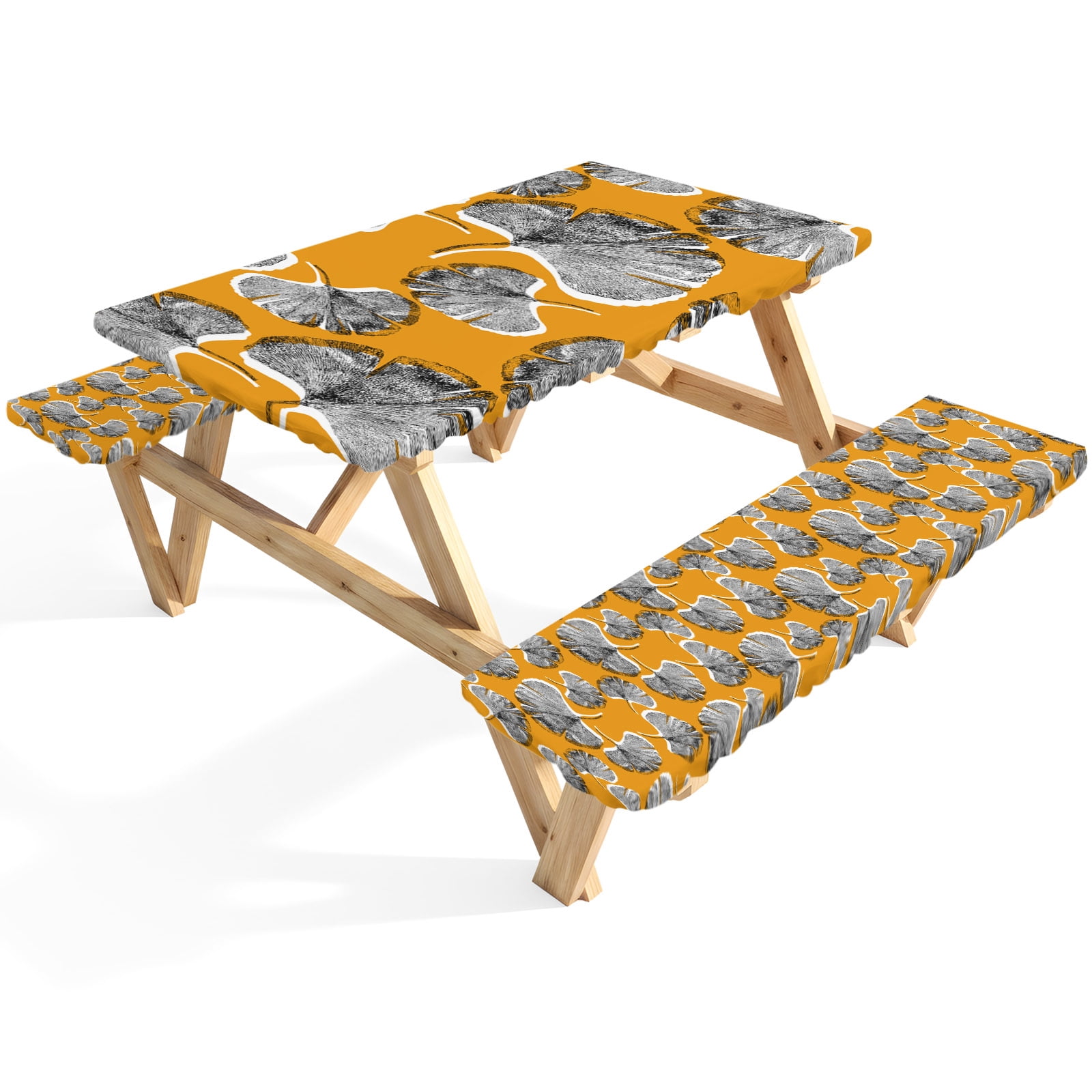 Black White Ginkgo Leaves Picnic Table Cover with Bench Covers ...