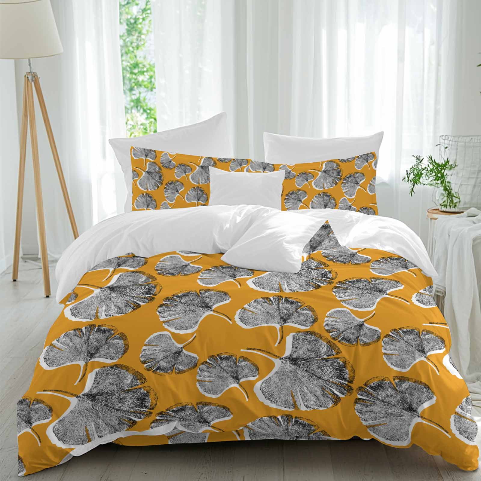 Black White Ginkgo Leaves Queen Duvet Cover Set, Realistic Plant Orange ...