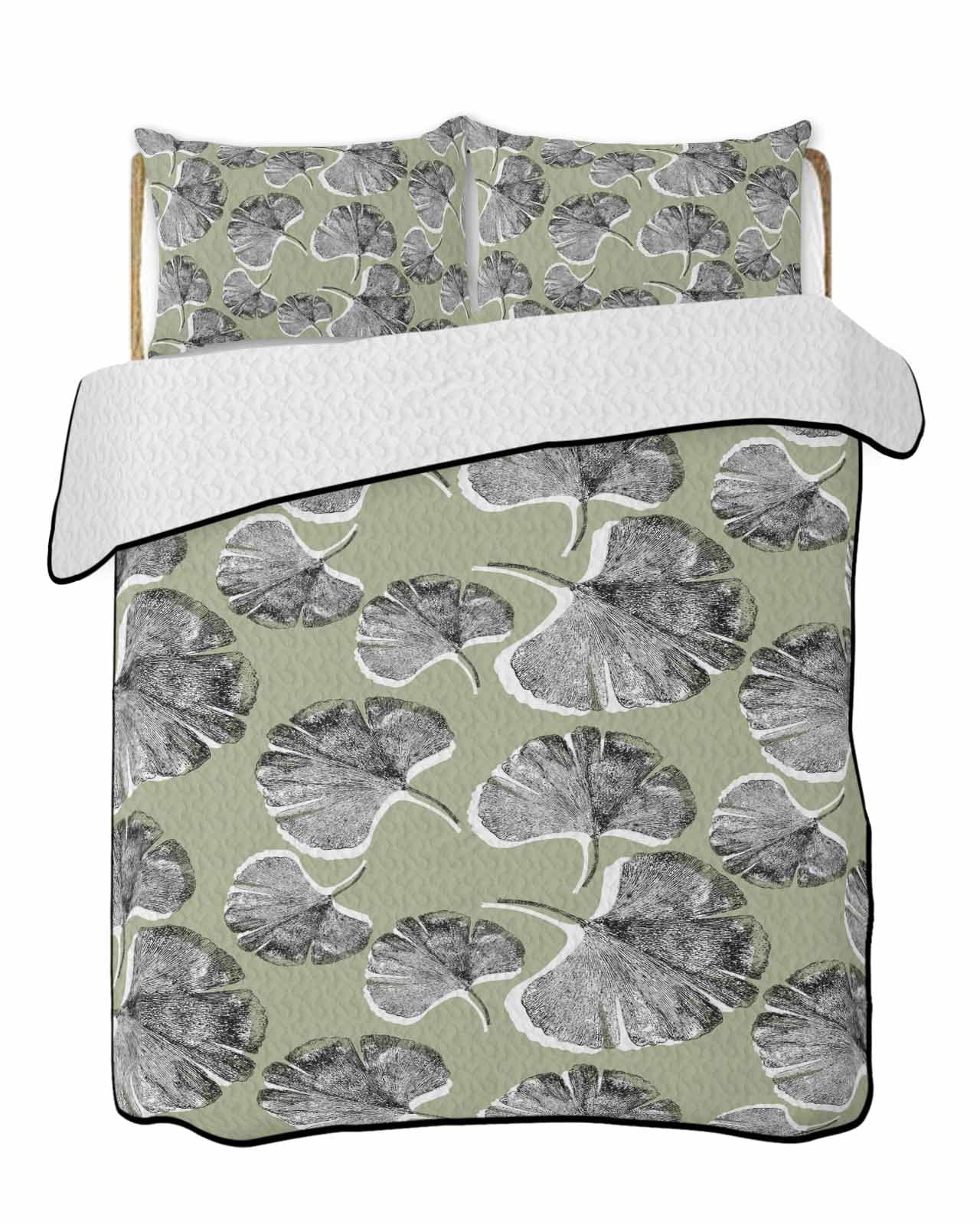 Black White Ginkgo Leaves Quilts Bedding Set King Size Realistic Plant ...