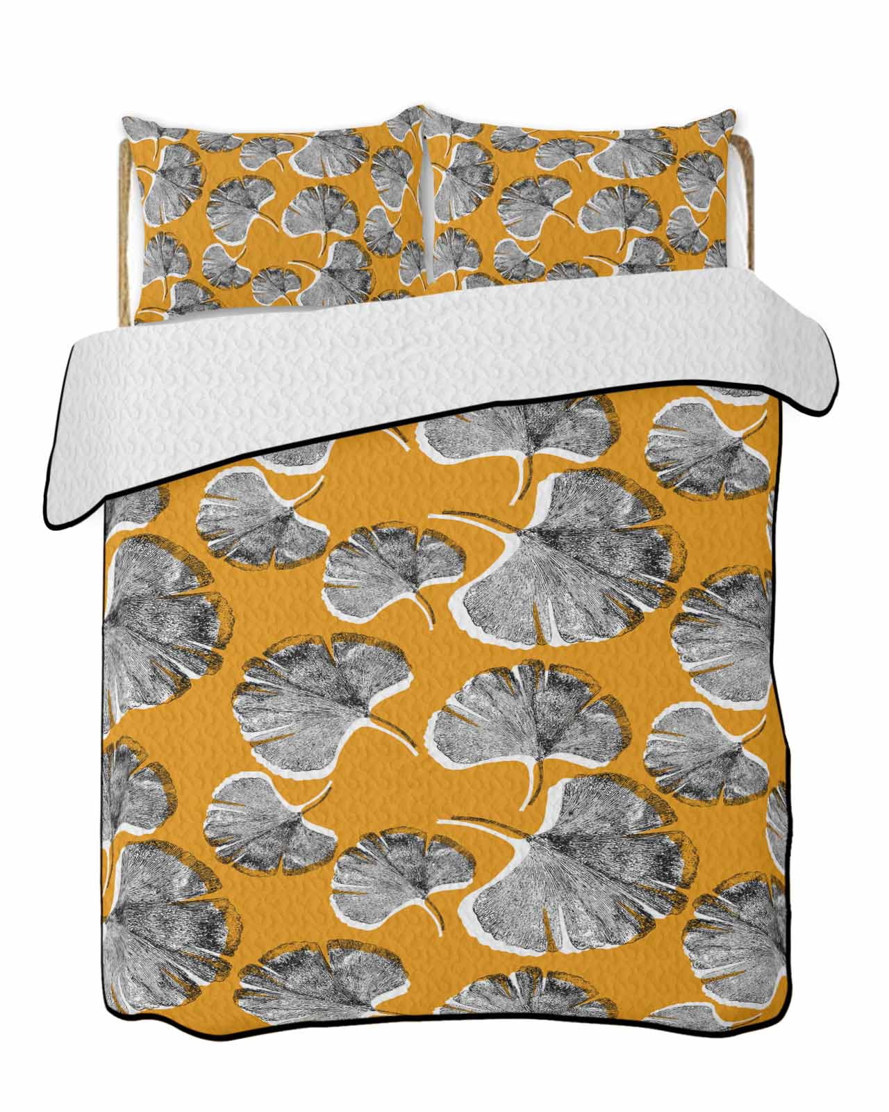 Black White Ginkgo Leaves Quilts Bedding Set King Size Realistic Plant ...