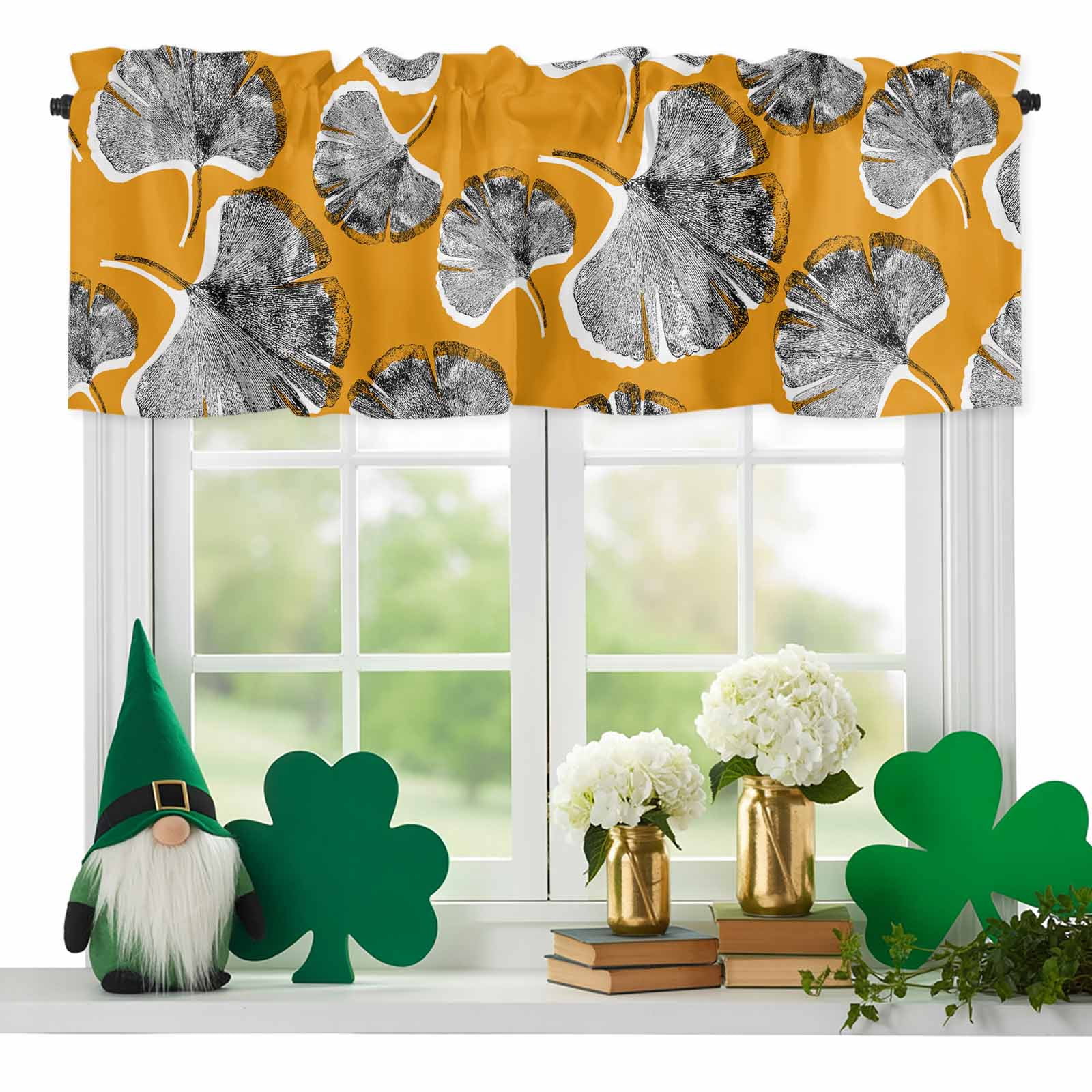 Black White Ginkgo Leaves Valances for Windows, Realistic Plant Orange ...