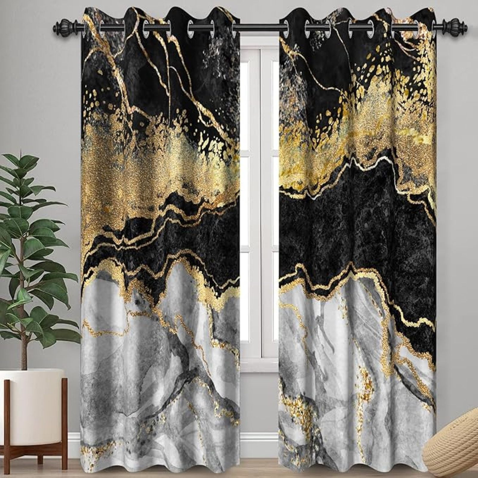 Black White Gold Bling Marble Curtains For Living Room, Luxury Gold ...