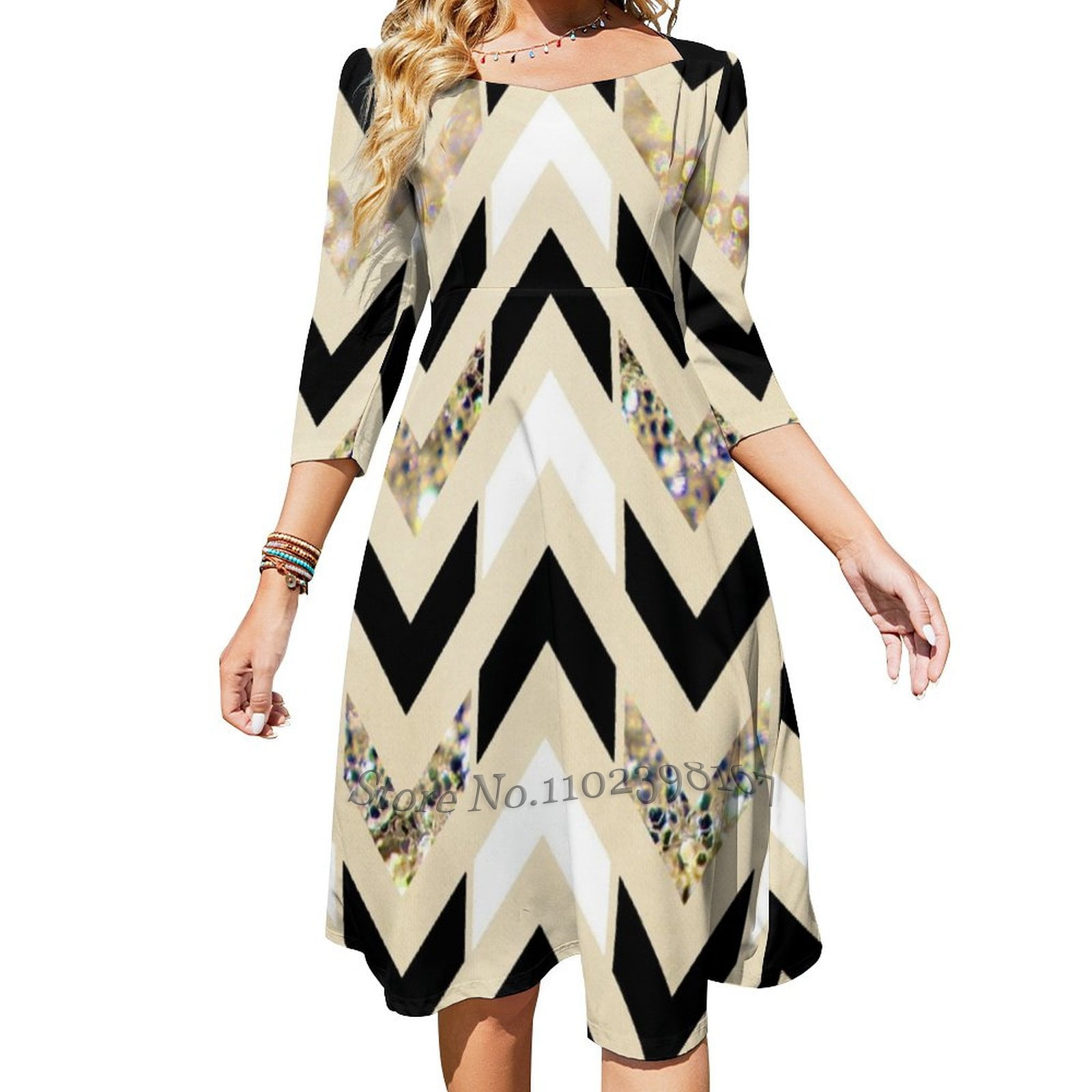 Black White & Gold Glitter Herringbone On Cream Square Neck Dress Cute ...
